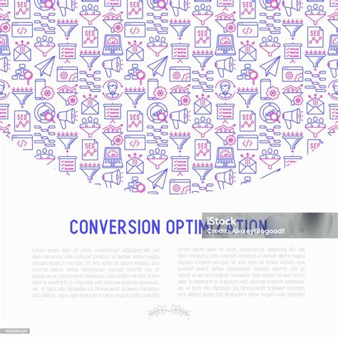 얇은 선 아이콘으로 변환 최적화 개념 마케팅 고객 관리 검색 엔진 최적화 기술 웹사이트 승진 방문자 판매 퍼 널 웹 트래픽 현대 벡터 일러스트 레이 션 인쇄 미디어에 대 한