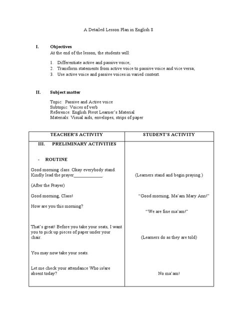 Active And Passive Voice Detailed Lesson Plan Pdf