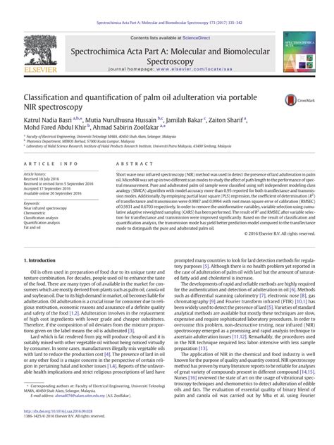 Pdf Classification And Quantification Of Palm Oil Adulteration Via Portable Nir Spectroscopy