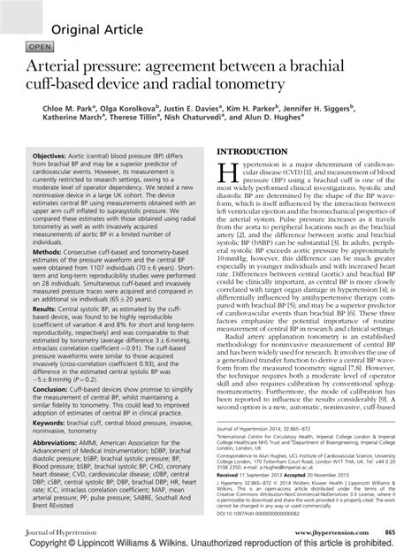 Pdf Arterial Pressure Agreement Between A Brachial Cuff Based Device