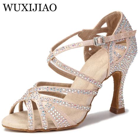 Wuxijiao Women Party Dance Shoes Satin Shining Rhinestones Soft Bottom