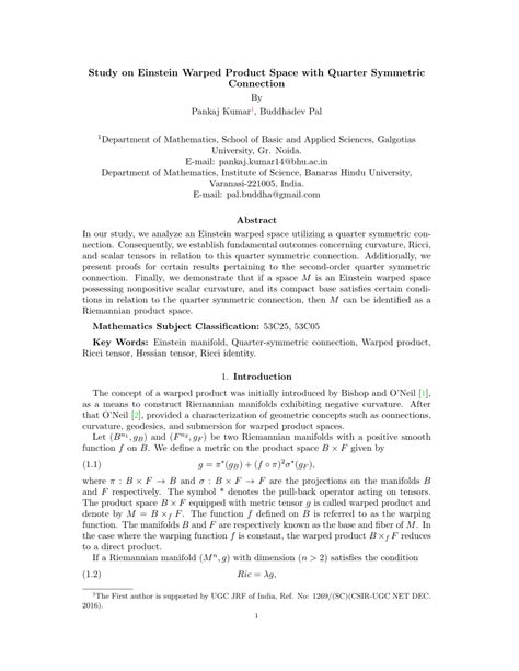 Pdf Compact Einstein Warped Space With A Quarter Symmetric Connection