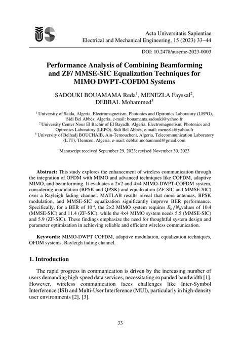 Pdf Performance Analysis Of Combining Beamforming And Zf Mmse Sic Equalization Techniques For