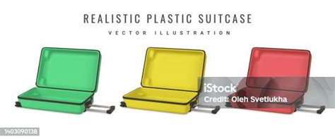 3d 여행 트롤리 가방 세트 현실적인 오픈 플라스틱 여행 가방 흰색 배경에 고립 된 관광 기호 벡터 일러스트 레이 션 여행 가방에 대한 스톡 벡터 아트 및 기타 이미지