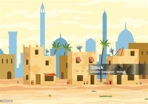 중동 전통적인 진흙 벽돌 집이 있는 아랍 사막 풍경 배경에 고 대 건물입니다 평면 벡터 그림입니다 중동에 대한 스톡 벡터 아트 및 기타 이미지 Istock