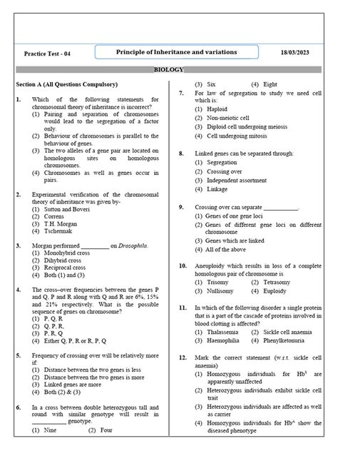Test 4 Principle Of Inheritance And Variation Pdf Dominance