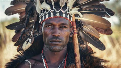 Zulu Warrior In Traditional African Headdress With Feathers And