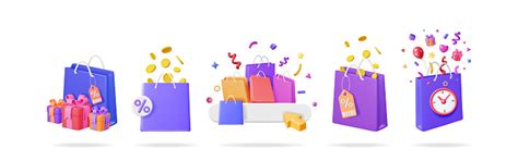 다양 한 기호와 쇼핑백의 3d 벡터 일러스트 세트 전자 상거래를 위한 판매 선물 및 특별 제안이 있는 온라인 쇼핑 개념 3차원