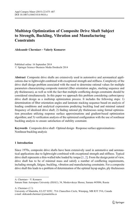 Pdf Multistep Optimization Of Composite Drive Shaft Subject To Strength Buckling Vibration