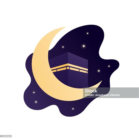 이슬람 하지 순례 개념입니다 벡터 플랫 일러스트레이션입니다 밤 하늘 배경에 카바 거룩한 사이트와 금 초승달 배너 포스터 클립 아트 웹 관광 가이드를위한 디자인 요소 0명에