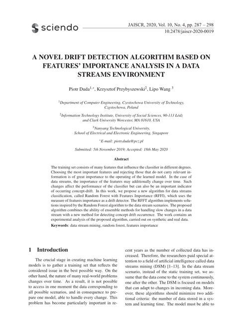 Pdf A Novel Drift Detection Algorithm Based On Features Importance Analysis In A Data Streams