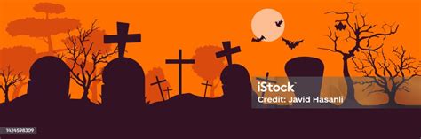 묘지와 할로윈 박쥐가있는 공동 묘지 달 나무와 빛과 유령이있는 공동 묘지 할로윈 풍경 장면 묘비와 마른 나무가있는 작은 뼈뜰 만화 벡터 묘지에 대한 스톡 벡터 아트 및 기타