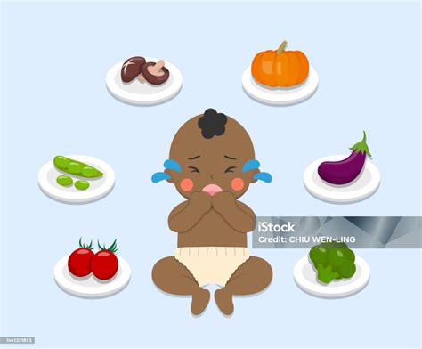 아기는 과일과 채소를 먹기를 거부하고 아이는 건강에 좋은 음식 만화 만화 벡터 캐릭터를 먹기를 거부합니다 가지 채소에 대한 스톡 벡터 아트 및 기타 이미지 Istock