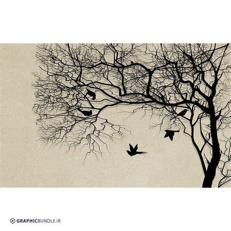 پوستر دیواری با طرح درخت با شاخه های سیاه و پرنده ها در حال پرواز با