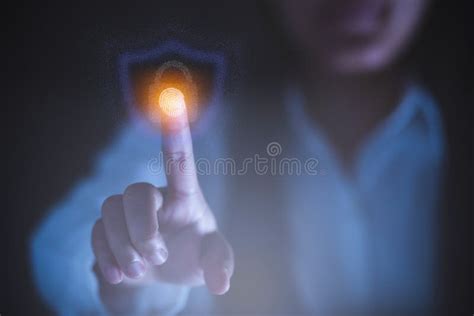 Businesswoman Using Fingerprint Protection For Data Access Concept Cyber Security Safe Data