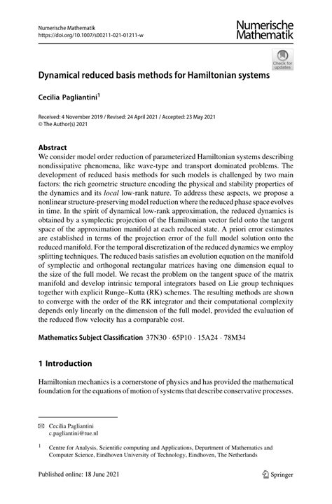 Pdf Dynamical Reduced Basis Methods For Hamiltonian Systems