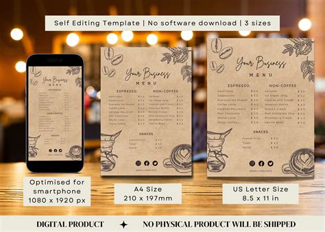 Diy Coffee Shop Menu Template Editable Cafe Menu Template Etsy