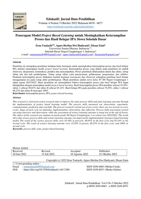 Pdf Penerapan Model Project Based Learning Untuk Meningkatkan Keterampilan Proses Dan Hasil