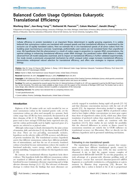 Pdf Balanced Codon Usage Optimizes Eukaryotic Translational Efficiency