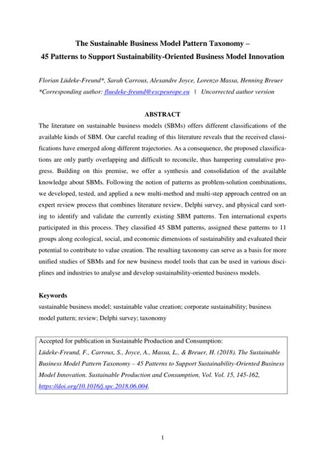 Pdf The Sustainable Business Model Pattern Taxonomy 45 Patterns To