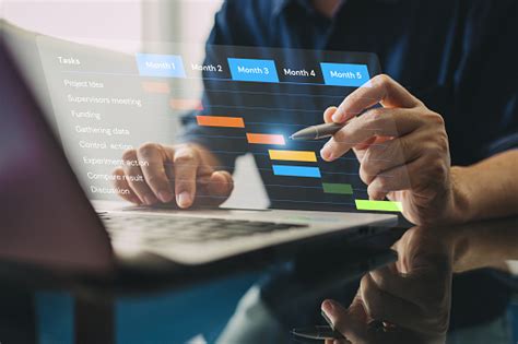 프로젝트 관리자는 작업 및 마일스톤 진행 계획으로 작업을 업데이트합니다 랩톱 컴퓨터 계획 일정 가상 다이어그램 비즈니스 프로젝트 관리 개념을 사용하는 사업가 타임라인에 대한