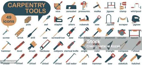 목공 도구 아이콘 모음입니다 이름을 가진 목공 작업장을 위한 도구 목공 도구의 밝은 아이콘입니다 벡터 그림입니다 건설 산업에