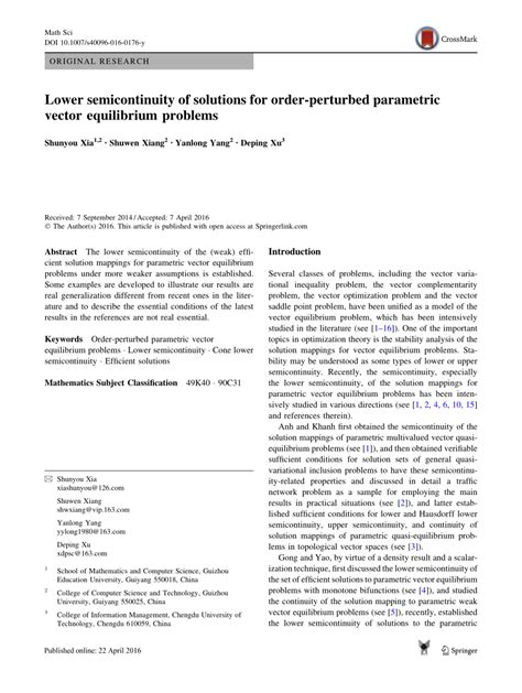 Pdf Lower Semicontinuity Of Solutions For Order Perturbed Parametric