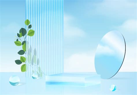 연단과 최소한의 구름 장면이 있는 배경 벡터 3d 파란색 렌더링 최소 제품 디스플레이 배경 3d 렌더링된 기하학적 모양 하늘