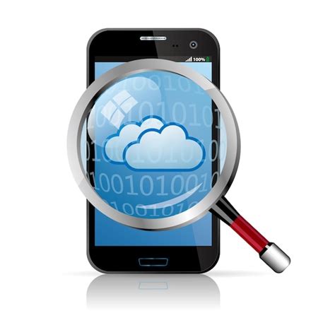 클라우드 컴퓨팅 및 네트워킹 설계 개념 돋보기로 세부 정보를 관찰합니다 프리미엄 벡터