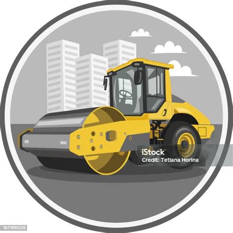 도로 공사 중 배경에 도시 풍경이 있는 원에 노란색 아스팔트 롤러 벡터 이미지 아스팔트 포장 기계에 대한 스톡 벡터 아트 및