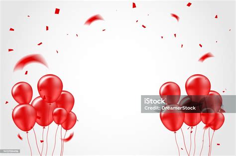 흰색 배경에 고립 된 풍선이있는 빨간색 색종이 축하와 생일 파티 그랜드 오프닝 벡터 일러스트 레이 션 개체 그룹에 대한 스톡