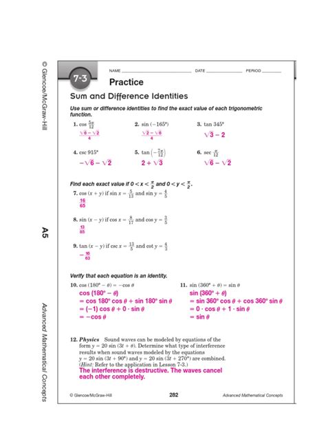 Sum And Difference Identities Practie 7 3 Pdf Trigonometric Functions Mathematical Concepts
