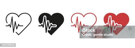 건강한 맥박 심장 박동 리듬 라인 및 실루엣 색상 아이콘 세트 인간의 심장 박동 픽토그램 흰색 배경에 있는 응급 심장 진단 기호 모음입니다 격리된 벡터 그림 감정에 대한