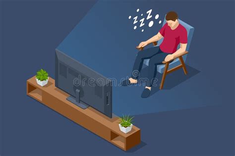 Isometric Man Fell Asleep Watching TV Lazy Man Watching Television At Night Alone Stock Vector