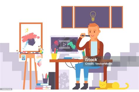 스튜디오 벡터 일러스트레이션에서 일하는 아티스트 만화 캐릭터 디자이너 아이디어를 생성 창조적 인 사람 이젤과 컴퓨터 아트 스튜디오를 갖춘 영감을 주는 작업 공간 개념에 대한