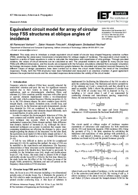 Pdf Equivalent Circuit Model For Array Of Circular Loop Fss Structures At Oblique Angles Of