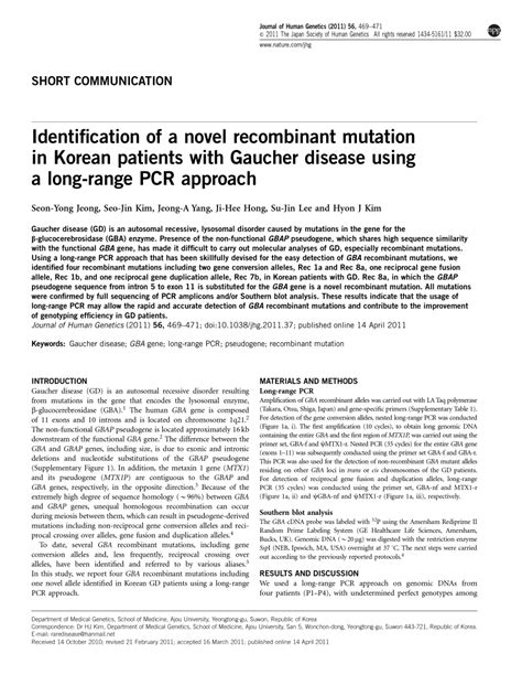 Pdf Identification Of A Novel Recombinant Mutation In Korean Patients