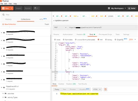 content type application json not supported api pipedrive