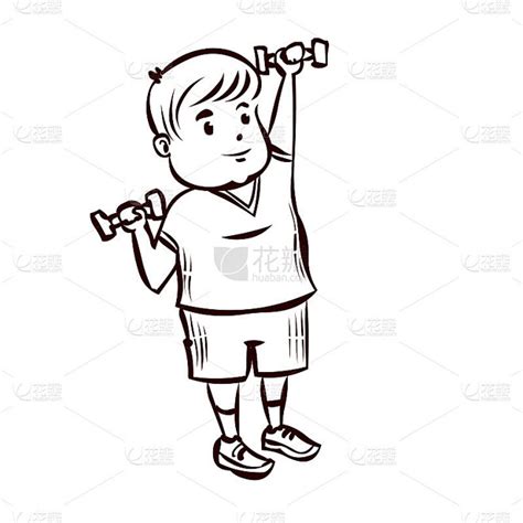 不喜欢运动的年轻人用哑铃做运动。手绘的卡通