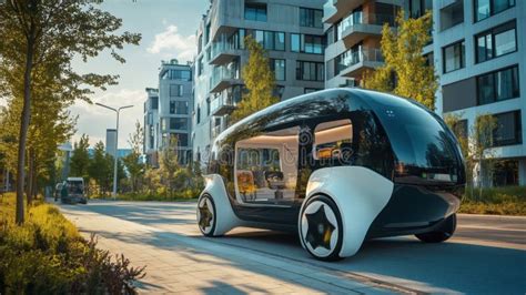 Futuristic Autonomous Vehicle In Urban Setting Sleek Design Modern Architecture Stock Image Futuristic Autonomous Vehicle In Urban Setting Sleek Design Modern Architecture Stock Image