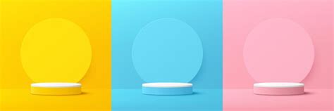 파스텔 원형 배경이 있는 노란색 파란색 분홍색 흰색 현실적인 3d 실린더 받침대 세트 프리미엄 벡터