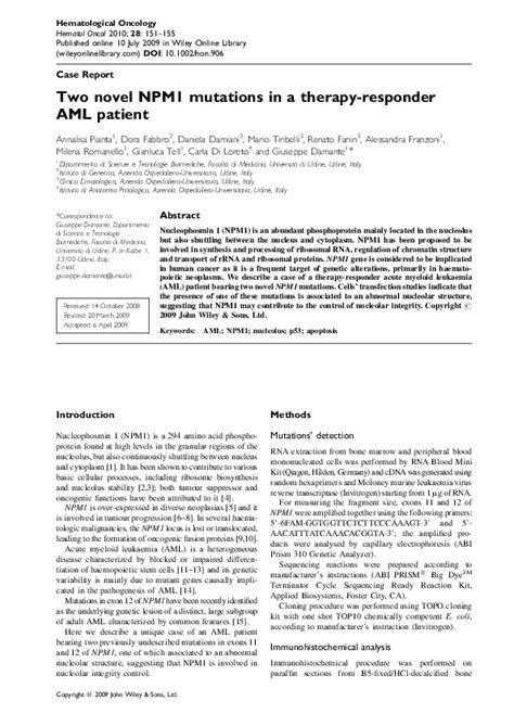 Pdf Two Novel Npm1 Mutations In A Therapy Responder Aml Patient