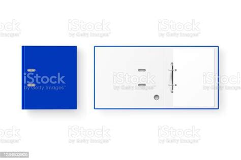 벡터 3d 닫기 및 흰색 배경에 격리 된 금속 반지와 A4 용지 시트 클로즈업으로 설정된 사실적인 파란색 빈벌을 열었습니다 디자인 템플릿 모형 상단 보기 파일에 대한 스톡