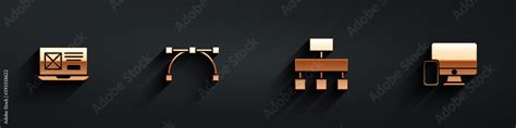 Set UI Or UX Design Bezier Curve Site Map And Monitor And Mobile Icon With Long Shadow Vector