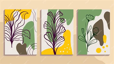 Boho 포스터 현대 중반 세기 미적 추상 현대 미술 미니멀리스트 꽃 세트 프리미엄 벡터