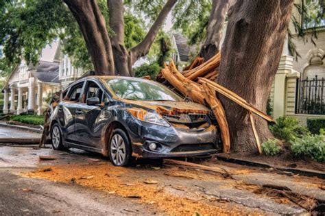 Cover Photo Car Accident Street Car Crashed Into A Tree Stock