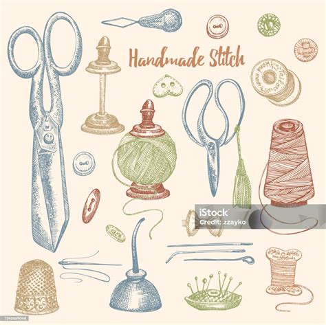 손으로 그린 빈티지 바느질 도구 세트 바느질 기계 바늘 가위 마네킹 버튼 맞춤형 미터 스케치 조각 스타일 흰색 배경에 격리된 로고의 요소입니다 벡터 실 제작물에 대한 스톡