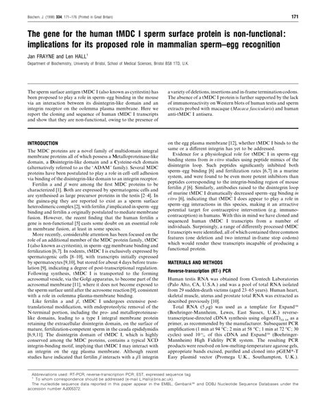 Pdf The Gene For The Human Tmdc I Sperm Surface Protein Is Non Functional Implications For