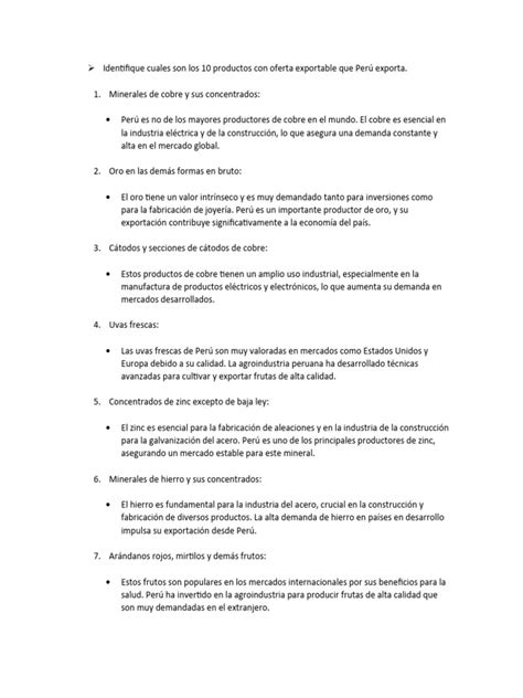 Identifique Cuales Son Los 10 Productos Con Oferta Exportable Que Perú