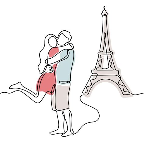 Premium Vector Happy Couple In Front Of The Eiffel Tower Continuous Line Colourful Vector